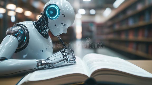 Robot Studying and Taking Notes from Book in Library: Artificial ...