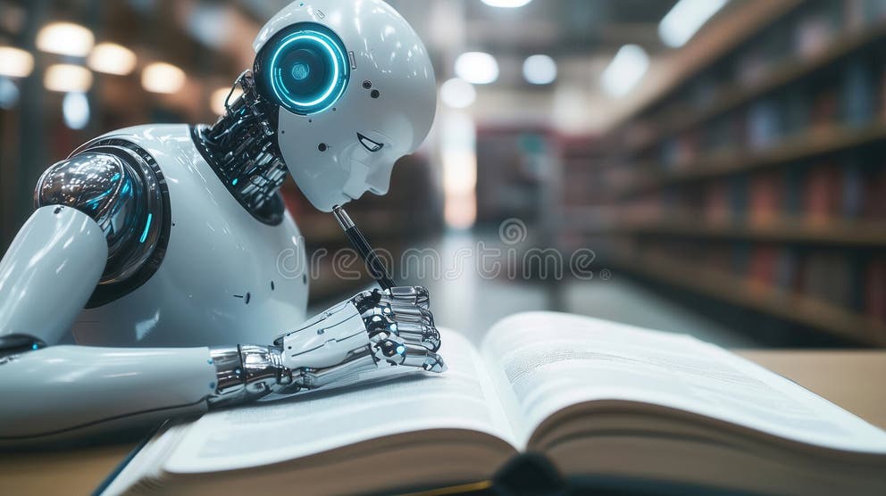 Robot Studying and Taking Notes from Book in Library: Artificial ...