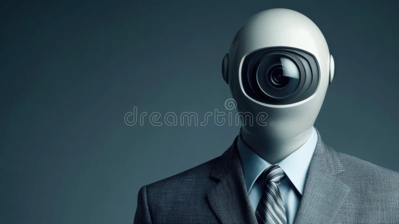 Robot in a Suit with a Camera Lens Head Symbolizes Surveillance and ...