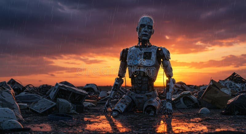 Robot at Sunset in Wasteland a Weathered Robot Sits Amidst Electronic ...