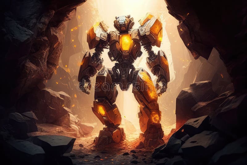 Robot Superhero Enters the Cave, Sunset Light. Generative AI Stock ...