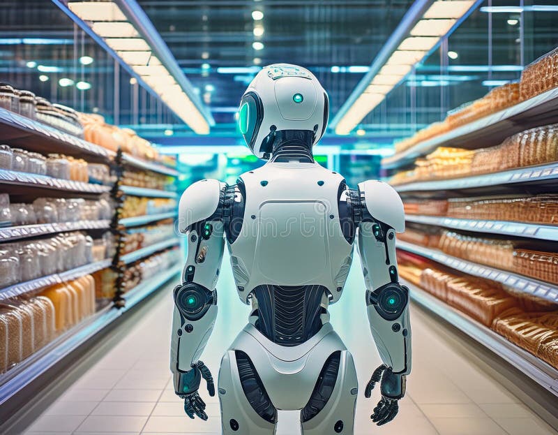 Robot in Supermarket Looking Around Stock Photo - Image of intelligence ...