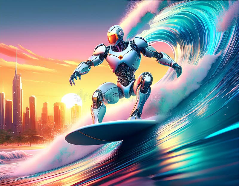 Robot Surfing on Ocean Wave Stock Photo - Image of surfboard, waves ...