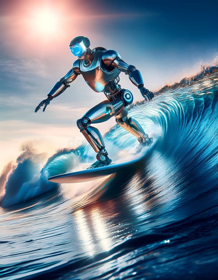 Robot Surfing on Ocean Wave Stock Photo - Image of modern, surfboard ...