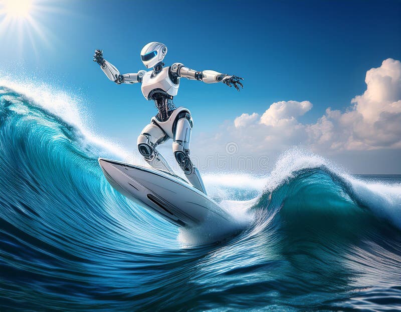 Robot Surfing on Ocean Wave Stock Image - Image of surfboard, sports ...