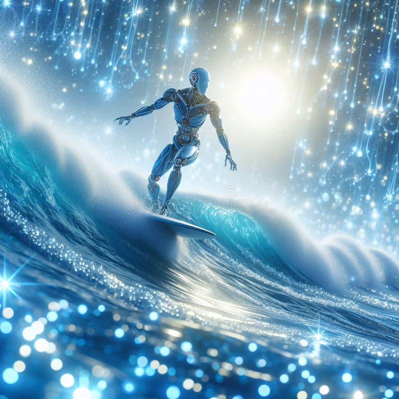Robot Surfs Dynamic Waves Under a Vivid Sky, Showcasing the Harmony of ...