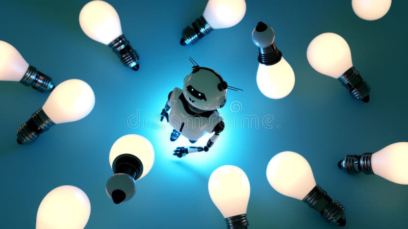 Robot Surrounded by Light Bulbs Stock Image - Image of energy, vision ...