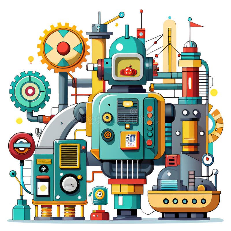 A Robot is Surrounded by Various Machines and Gears Stock Illustration ...
