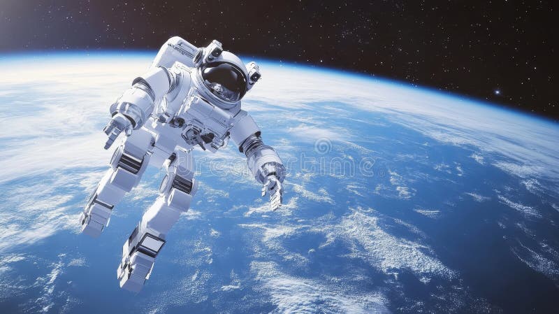 A Robot Suspended in Space with a Robotic Arm Against a Stunning Blue ...