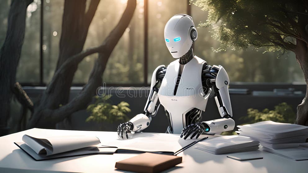 A Robot at a Table with Papers and a Book in an Office with Modern ...