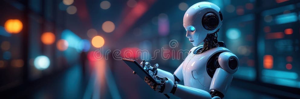 Robot with Tablet Data Streams Shown ML Process Electronics Future ...