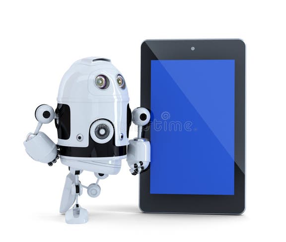 Robot with Tablet Pc. . Contains Clipping Path of Tablet Screen and ...