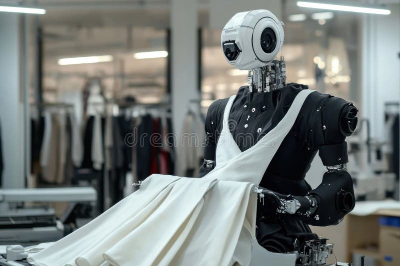 Robot Tailoring a White Dress in a Modern Fashion Design Studio Stock ...