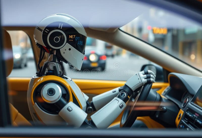 Robot Taxi Driver Sits at the Wheel Stock Illustration - Illustration ...