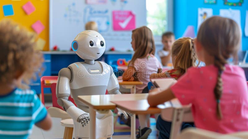 Robot Teacher in Classroom with Elementary Students Stock Illustration ...