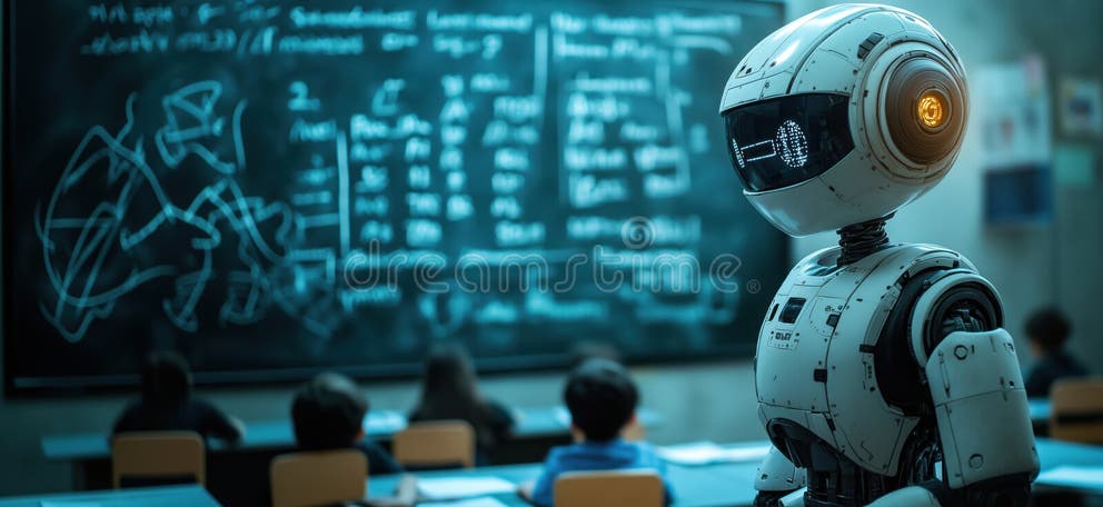 Robot Teacher in Classroom Explaining Complex Concepts To Students with ...