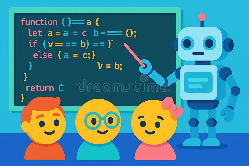Robot Teacher Explaining Code in Emoji Classroom Stock Illustration ...