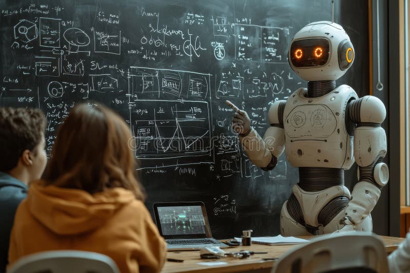 Robot Teacher Explaining Complex Equations To Students in a Classroom ...