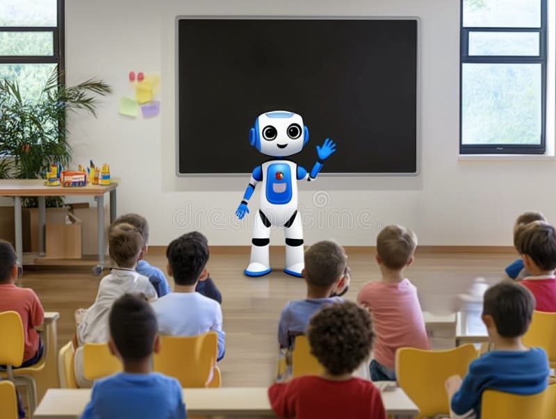 Robot Teacher Explaining a Concept To Students in a Classroom Setting ...
