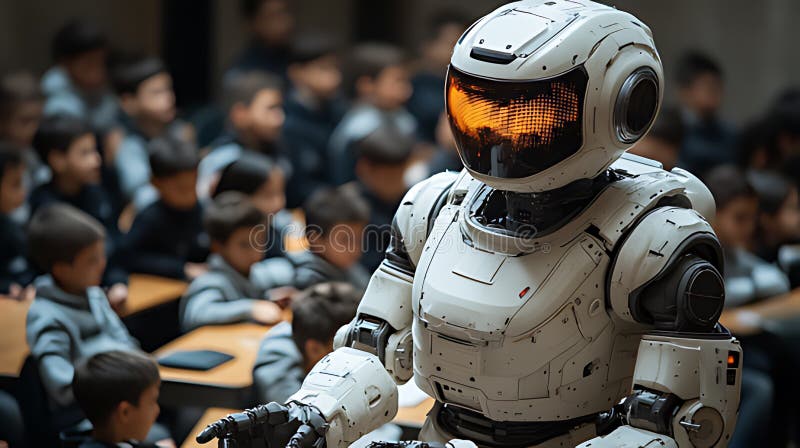Robot Teacher Lecturing Kids in Classroom Stock Illustration ...