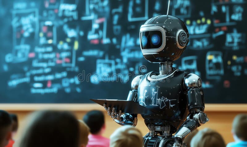 Robot Teacher Presenting in Classroom with Students and Blackboard ...