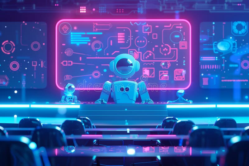 Robot Teacher Standing in Front of Classroom Interactive Holographic ...