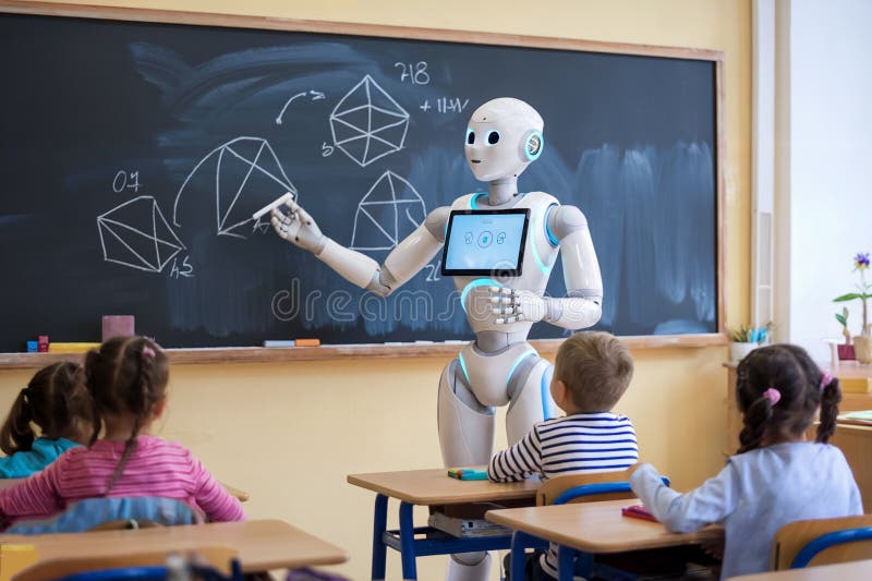 Robot Teaches Geometry in Class while Children Listen Stock Photo ...
