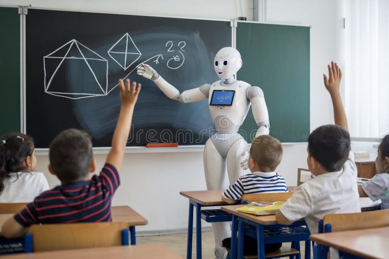 Robot Teaches Geometry Mathematic in Class while Children Listen and Ask Questions Stock Photo ...