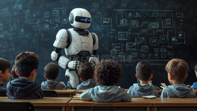 Robot Teaching Diverse Children in Classroom with Chalkboard Stock ...