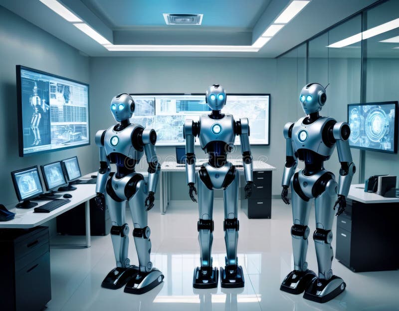 Robot Team in High-Tech Security Operations Room Stock Image - Image of ...