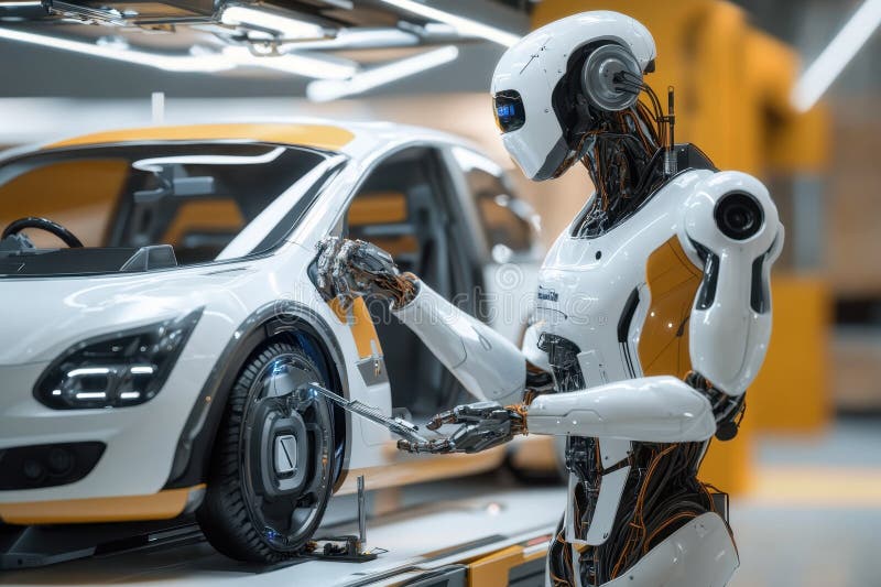 Robot Technician Performing Maintenance on an Electric Vehicle in a ...