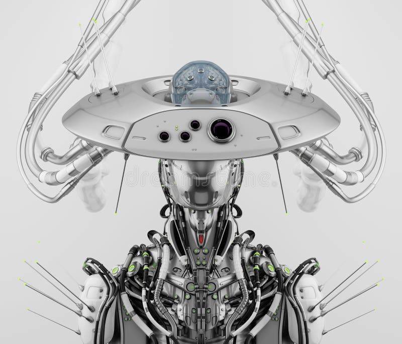 Smart Silver Robot with Huge Ai Hat, 3d Rendering Stock Illustration ...