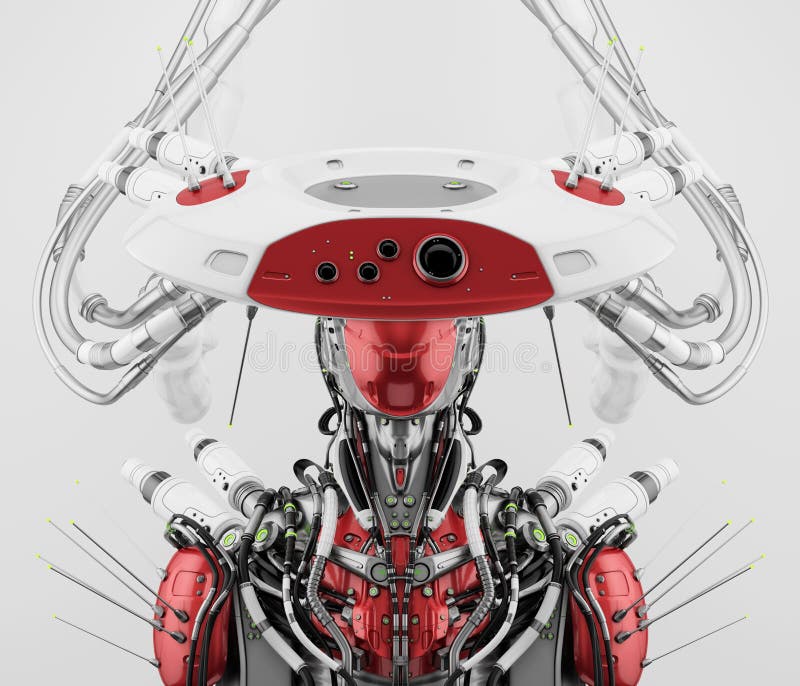 Smart Red Robot with Huge Ai Hat, 3d Rendering Stock Illustration ...