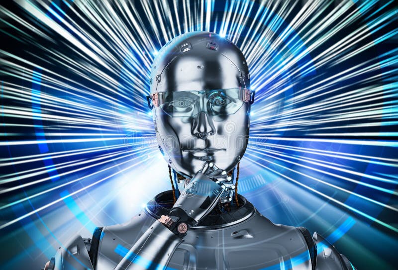 Robot Thinking or Analyzing with Graphic Display Stock Illustration ...