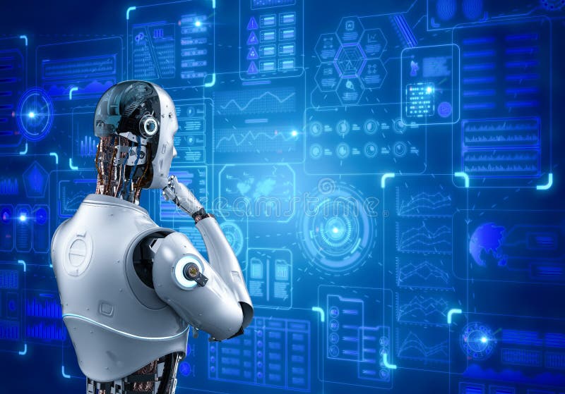 Robot Thinking or Analyzing with Graphic Display Stock Illustration ...