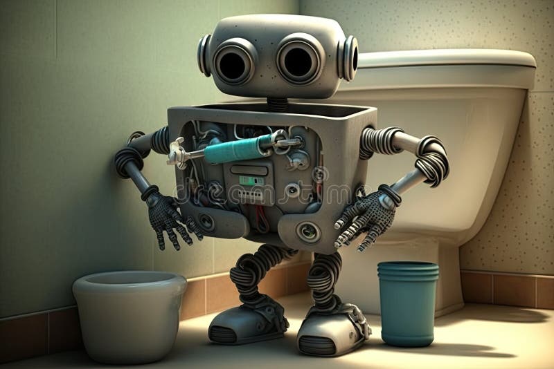 Robot with Toolbox and Wrench, Fixing Broken Pipe in Bathroom Stock ...