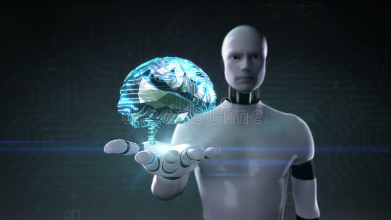 Robot Touching Digital Screen, Humanoid, Scanning Brain. X-ray View ...