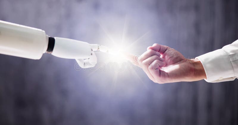 Robot Touching Human Finger Against Gray Stock Photo - Image of hand ...