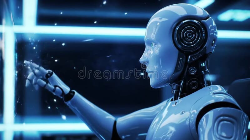 Robot Touching Screen in Futuristic Interior Slow Motion Stock Footage ...