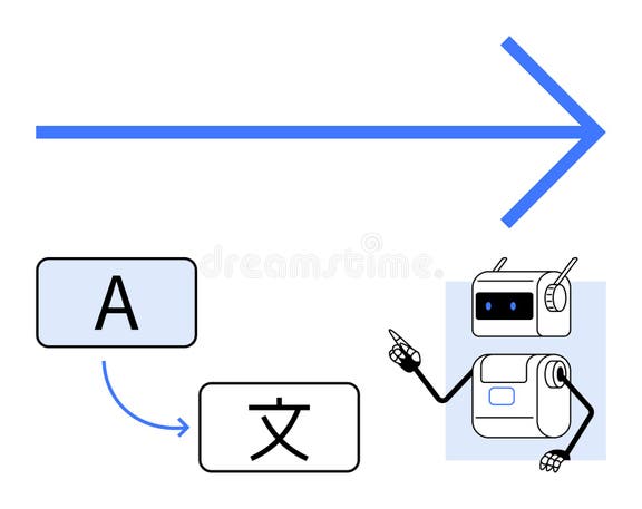 Robot Translator Converting Text with Directional Blue Arrow Indicating ...