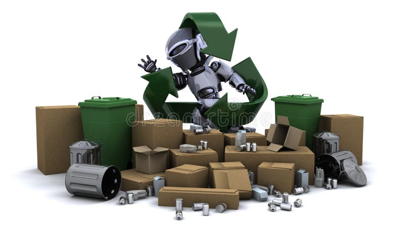 Robot with trash can stock illustration. Illustration of character ...