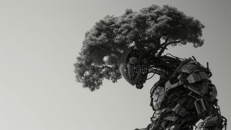 Robot with Tree-like Head in Monochromatic Style Stock Image - Image of ...
