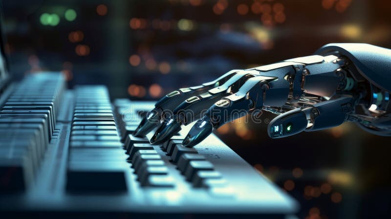 The Robot Types Text on the Keyboard and Works on the Computer. AI ...