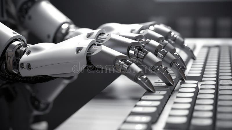 The Robot Types Text on the Keyboard and Works on the Computer. AI ...