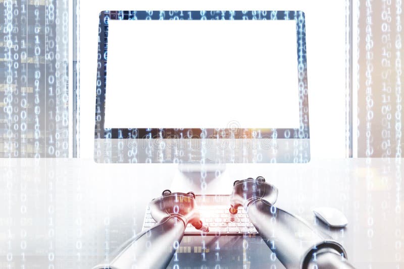 Robot Typing on Computer, Mock Up Screen, Code Stock Illustration ...