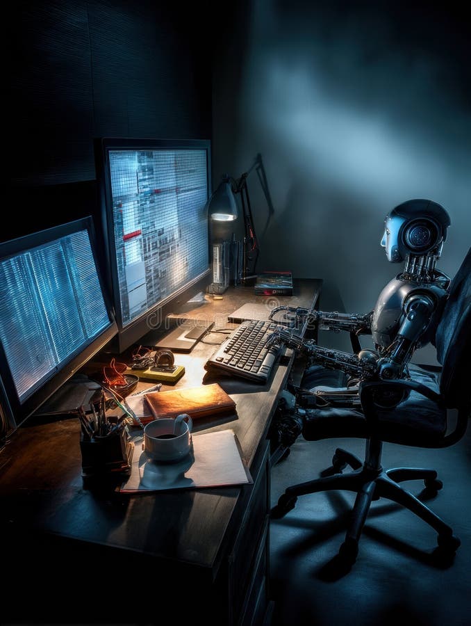 Robot Typing on Keyboard in Dark Studio with Multiple Screens Showcasing Data Analysis and ...