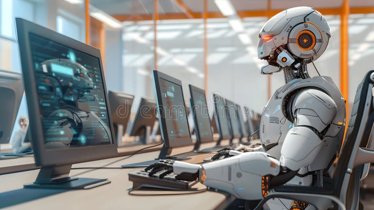 A Robot is Working at a Computer in a Modern Office Stock Image - Image ...
