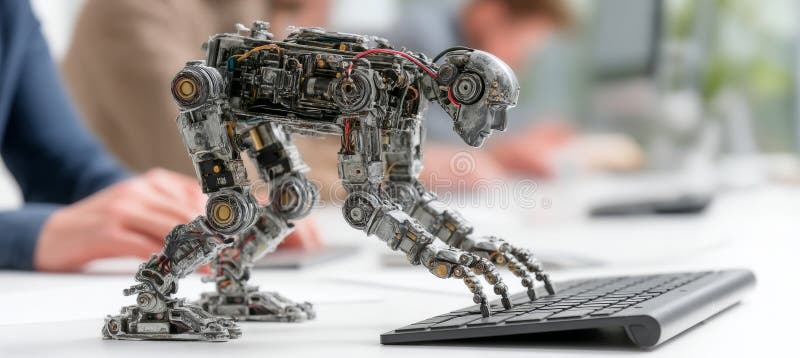 Robot Typing on Keyboard, Working at Computer in Office with People ...