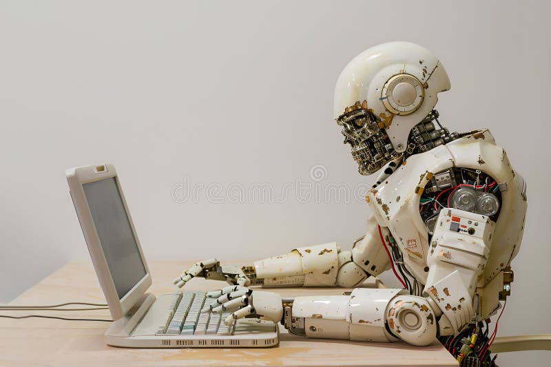 Robot Typing on Laptop. Artificial Intelligence Concept Stock Photo ...