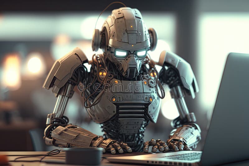 Robot is Typing on a Laptop Keyboard in the Office. Concept of Future ...